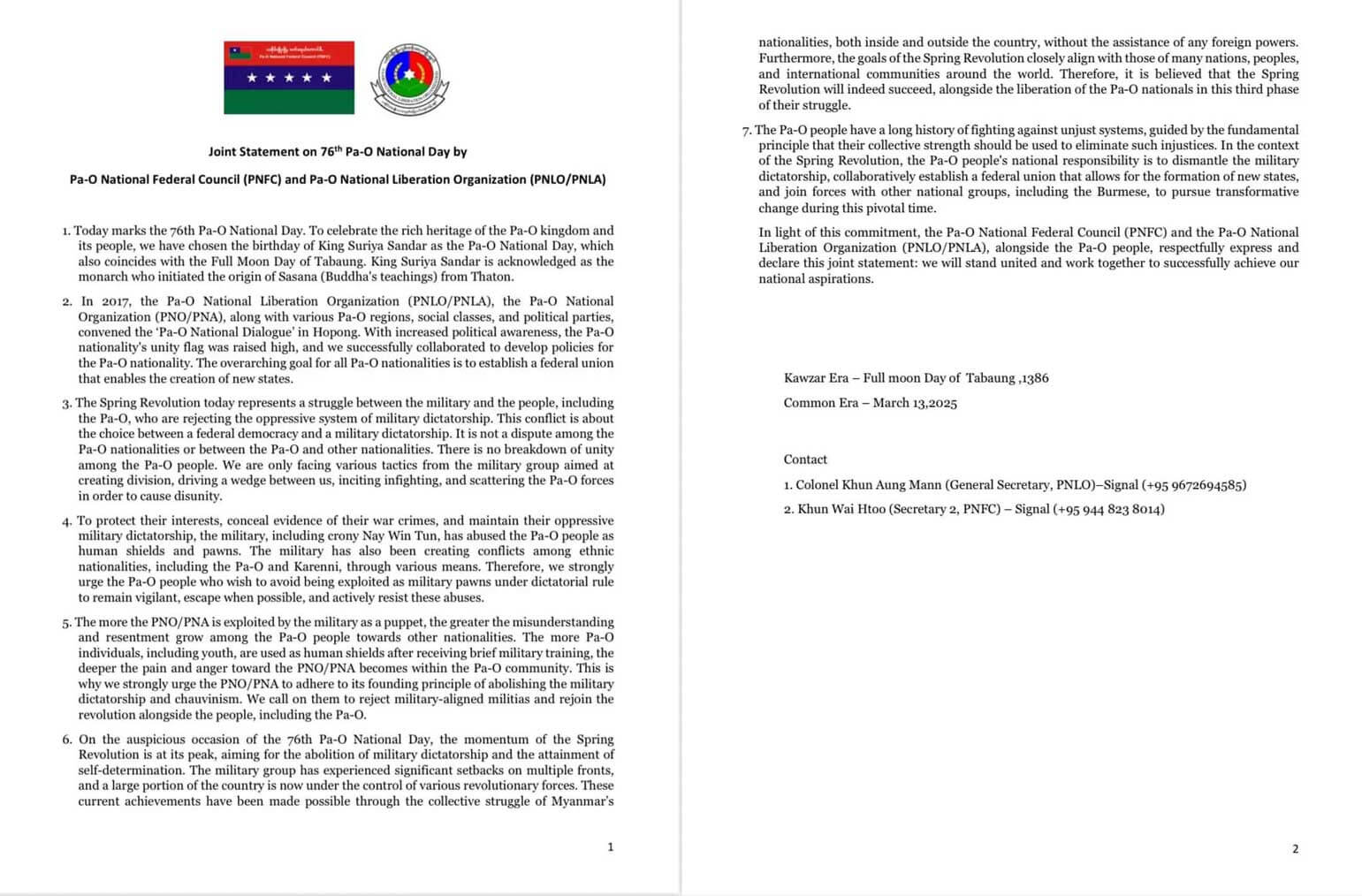 PA-O ETHNONATIONALISM: PNO urged to abandon junta and join the ...